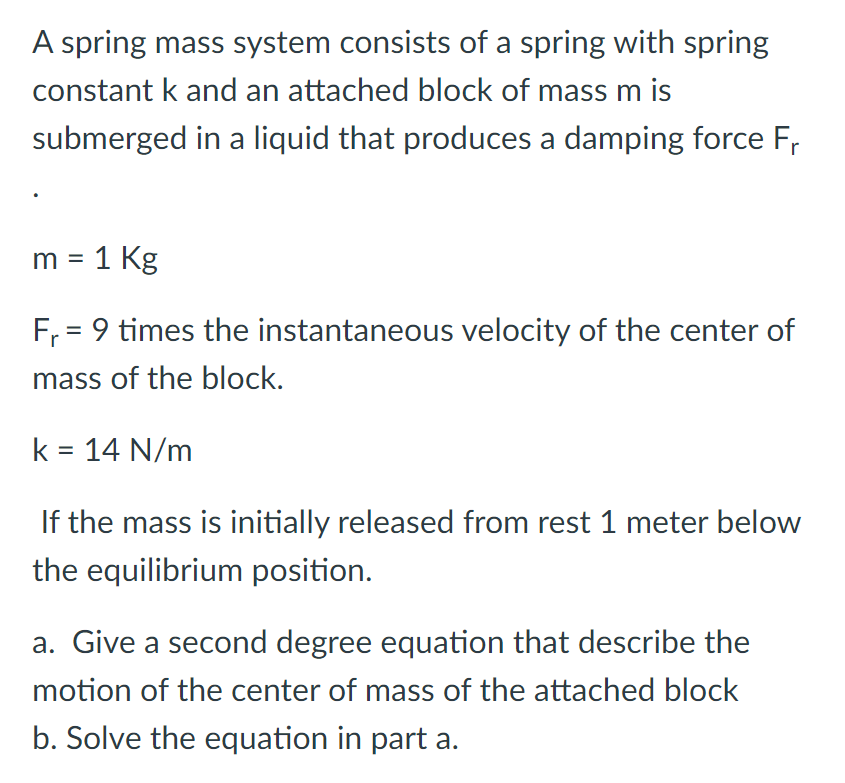Solved A spring mass system consists of a spring with spring | Chegg.com