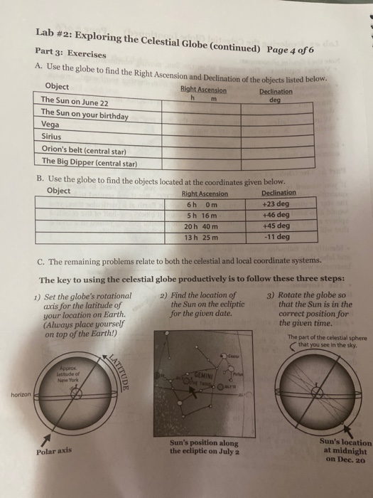 Solved Lab #2: Exploring the Celestial Globe (continued) | Chegg.com