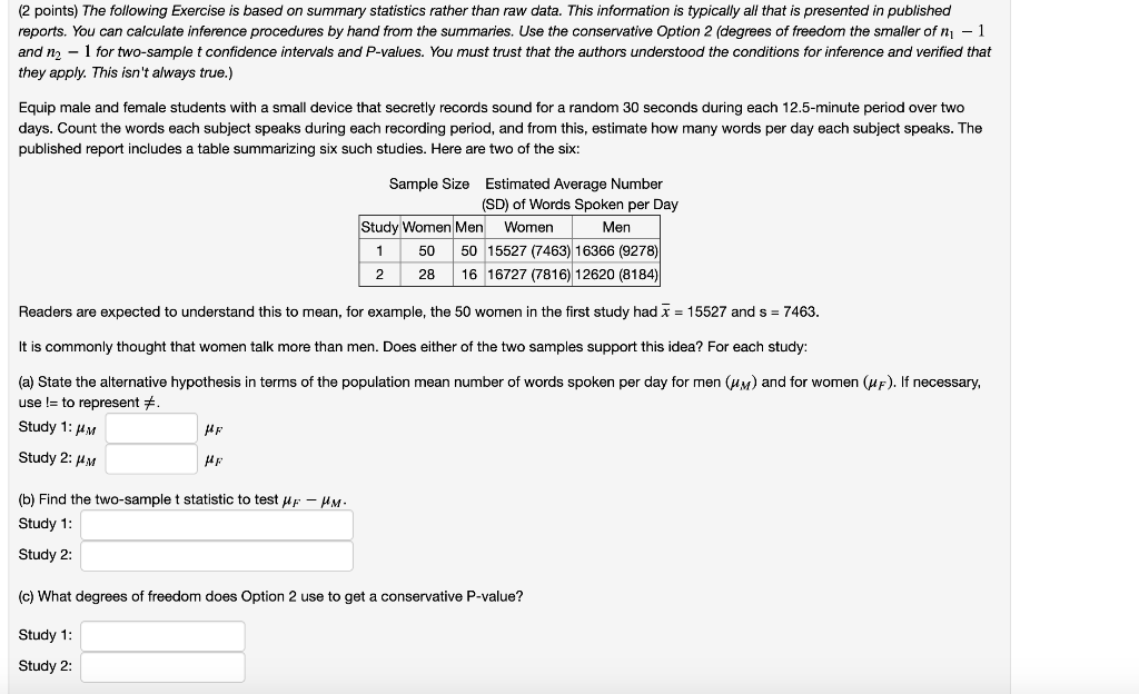 Solved (2 points) The following Exercise is based on summary | Chegg.com
