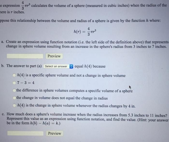 Solved h(r) = 4/3 pi r^3 a. Create an expression using | Chegg.com