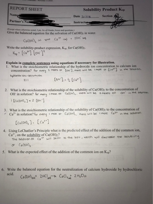 Solved REPORT SHEET Nam Partner's Na Solubility Product Ksp | Chegg.com