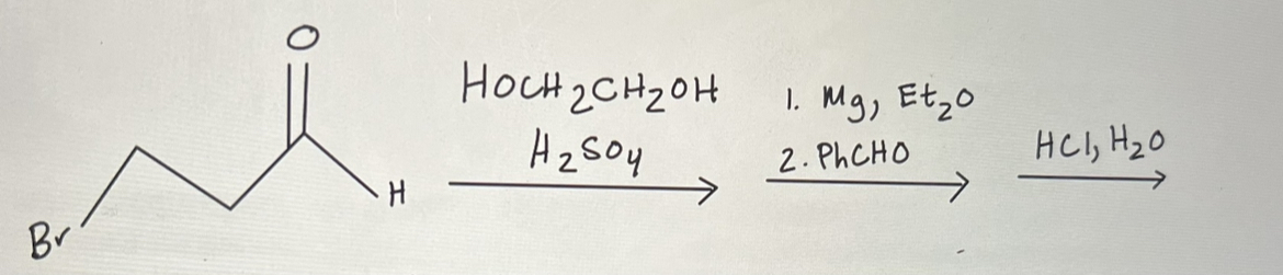 Solved HOCH2CH2OH I. Mg9,Et2O H2SO4 2.PhCHO HCl,H2O | Chegg.com