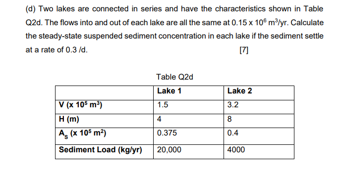 Solved (d) Two lakes are connected in series and have the | Chegg.com
