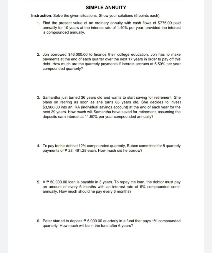 Solved SIMPLE ANNUITY Instruction: Solve the given | Chegg.com