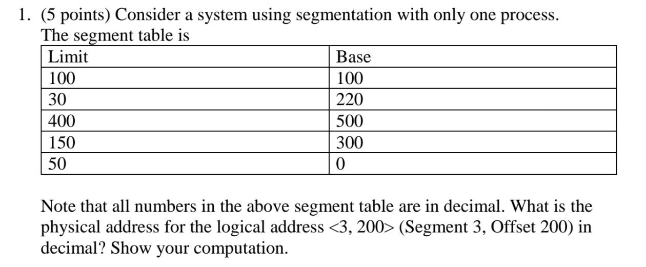 Solved 1. (5 points) Consider a system using segmentation | Chegg.com