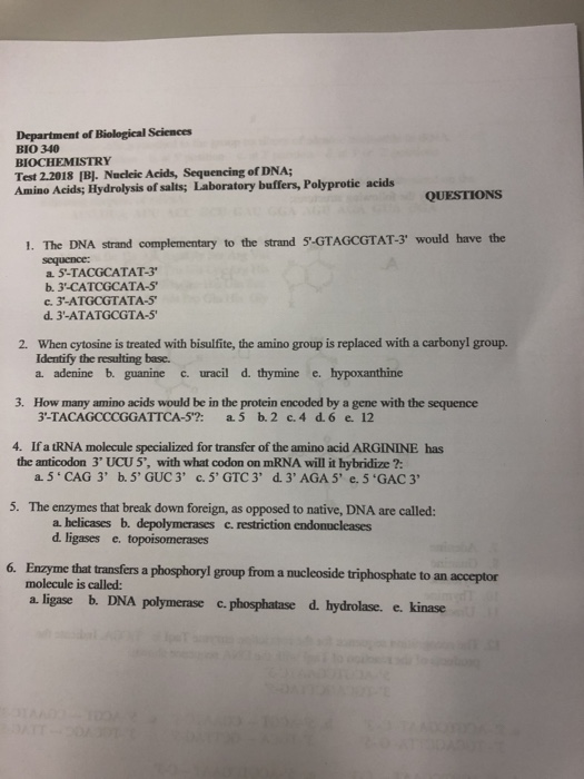 Solved Department of Biological Sciences BIO 340 | Chegg.com