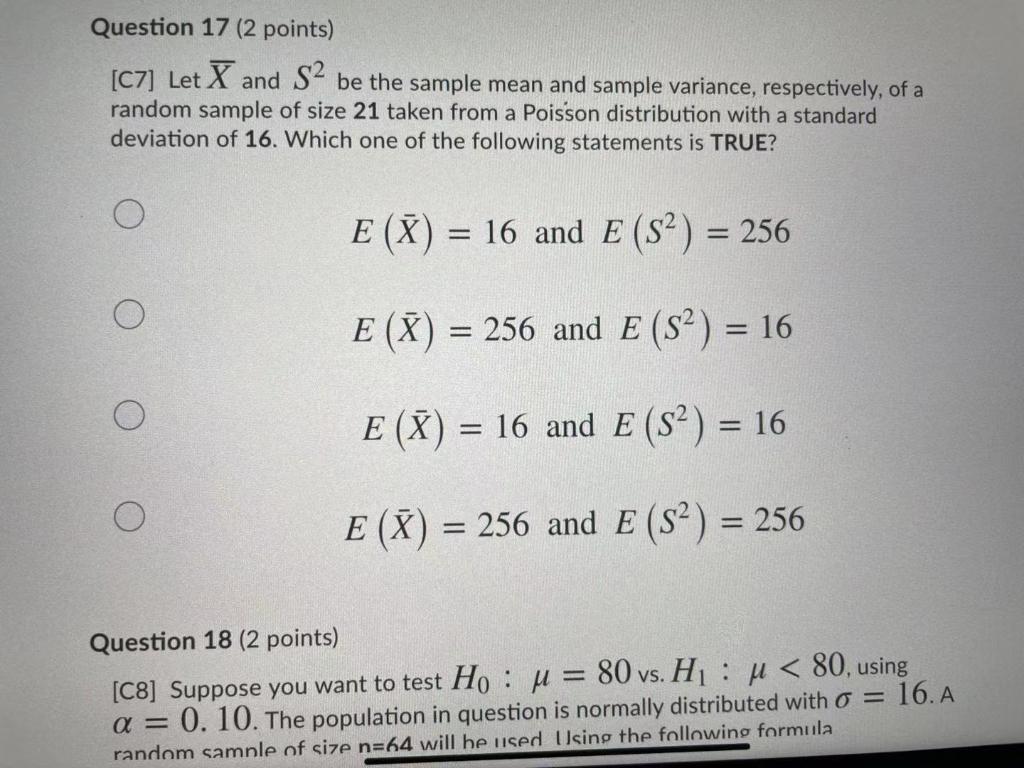 Solved Question 17 (2 points) [C7] Let X and S2 be the | Chegg.com