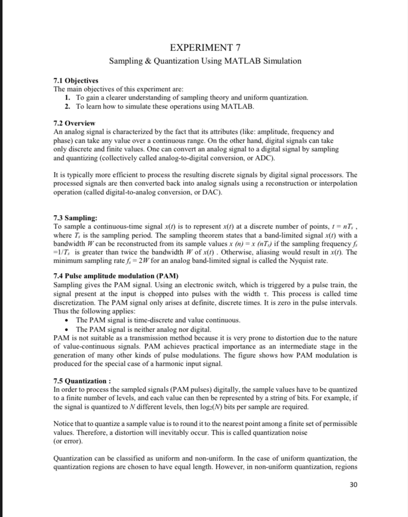 Solved EXPERIMENT 7 Sampling \& Quantization Using MATLAB | Chegg.com