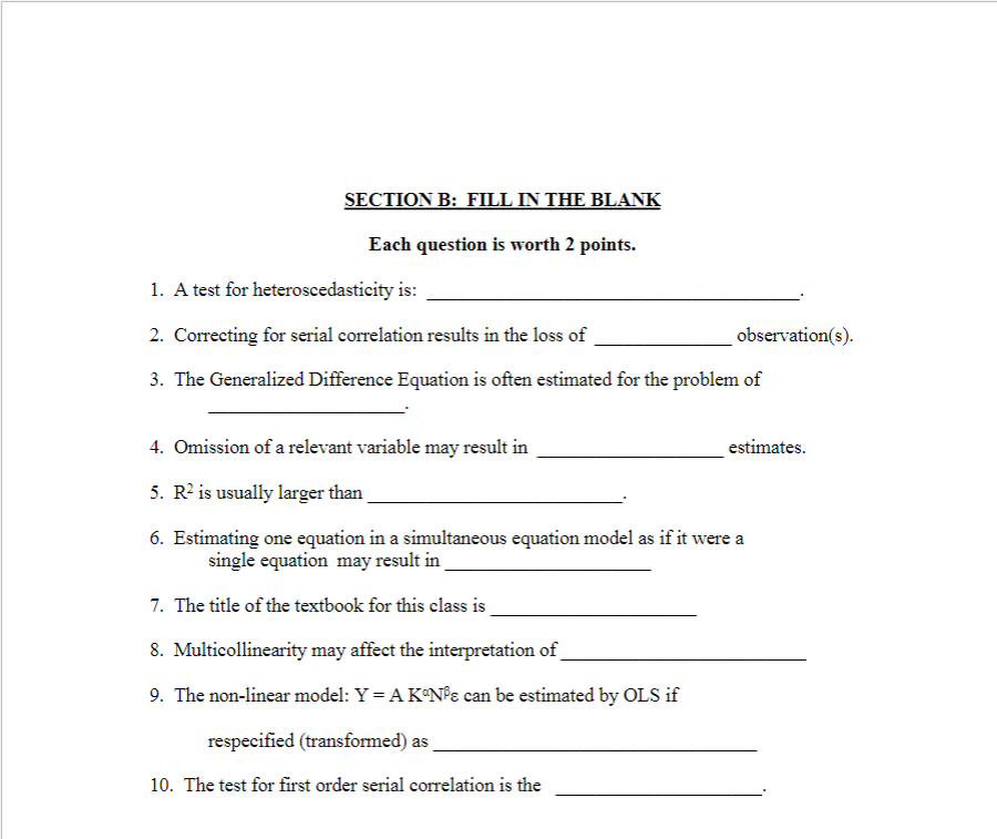 Solved SECTION B: FILL IN THE BLANK Each question is worth 2 | Chegg.com