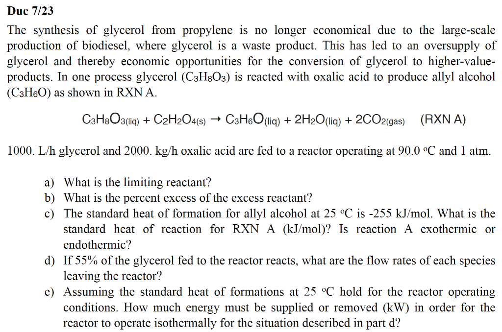 Solved Due 7/23 The synthesis of glycerol from propylene is | Chegg.com