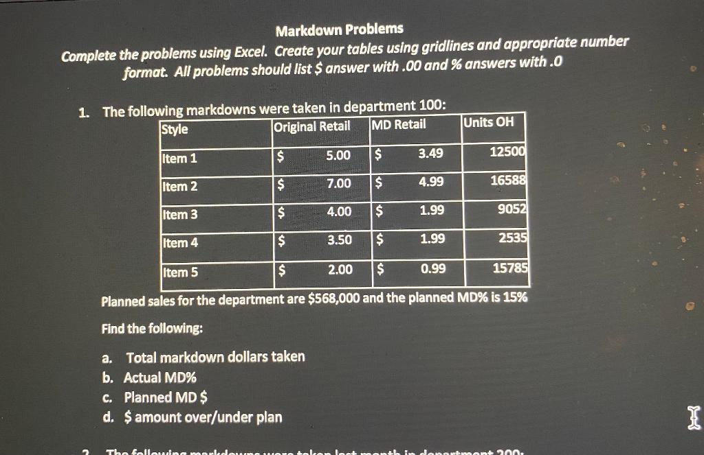 Solved Markdown Problems Complete the problems using Excel. | Chegg.com