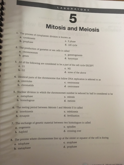 Solved LABORATORY 5 Mitosis and Meiosis 1. The process of | Chegg.com