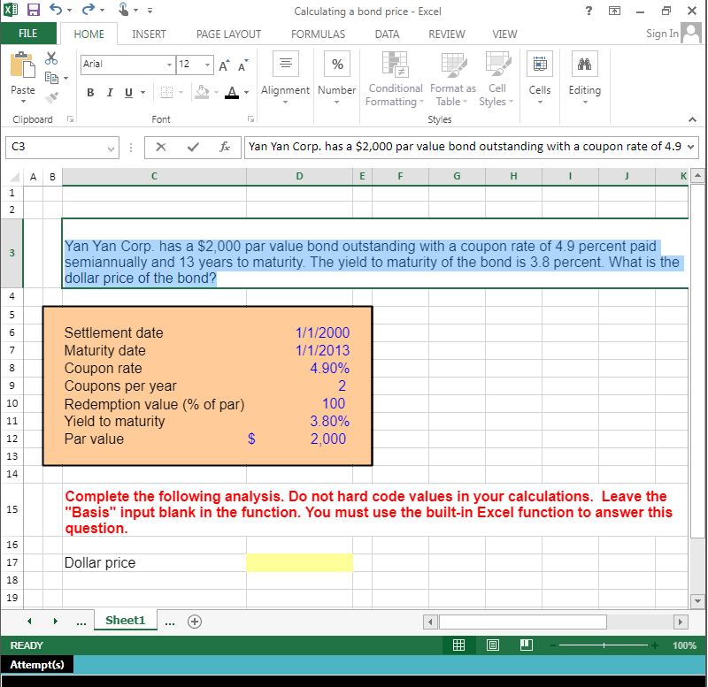 Solved X H5 Calculating A Bond Price Excel Formulas Data 3173