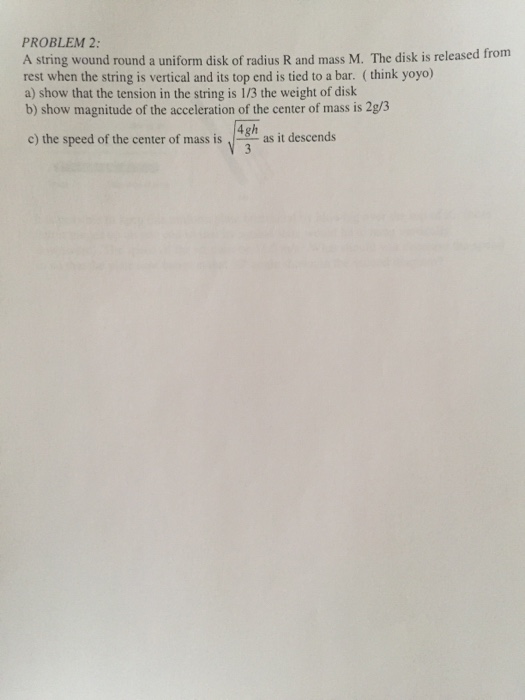 Solved A string wound round a uniform disk of radius R and | Chegg.com