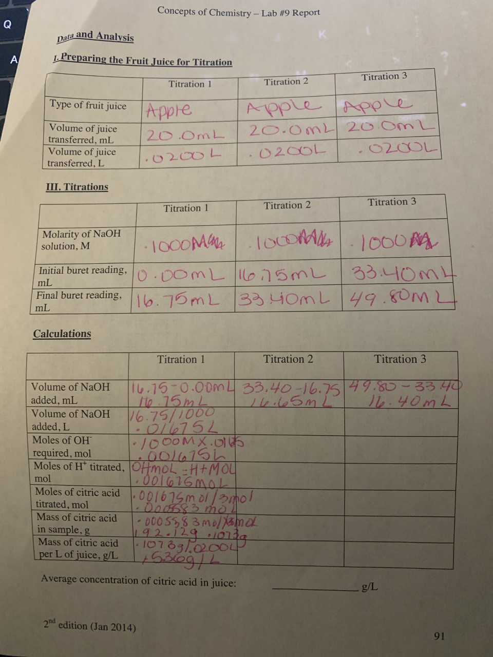 Solved Concepts of Chemistry - Lab #9 Report Data and | Chegg.com