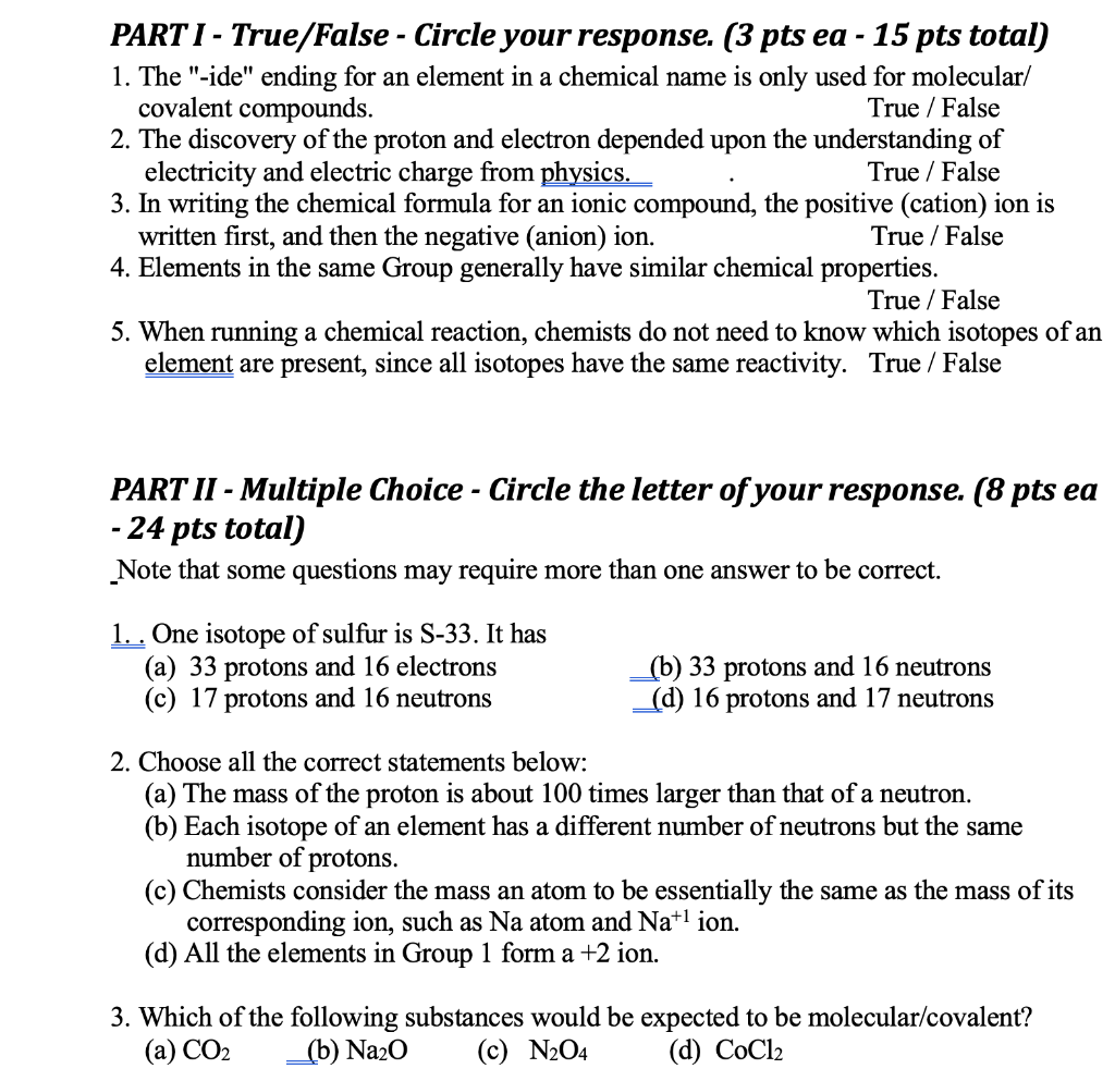 Solved PART I - True/False - Circle your response. (3 pts ea | Chegg.com