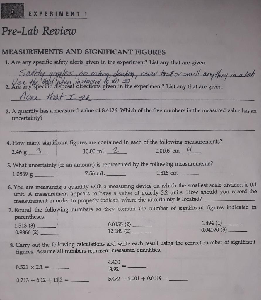 Solved MEASUREMENTS AND SIGNIFICANT FIGURES 1. Are any | Chegg.com