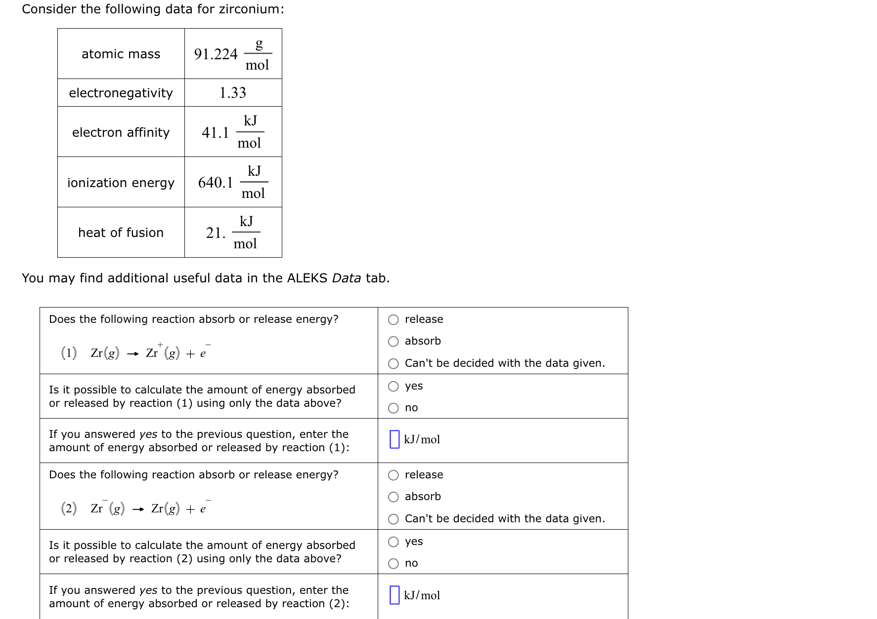 Solved by an EXPERT Consider the following data for zirconium:You may | Chegg.com