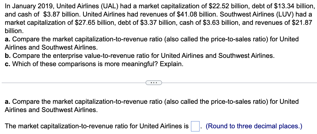 Solved In January 2019 , United Airlines (UAL) had a market | Chegg.com