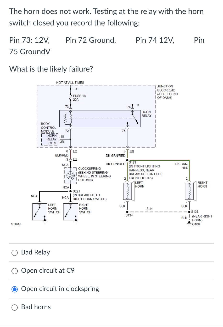 Solved The horn does not work. Testing at the relay with the | Chegg.com