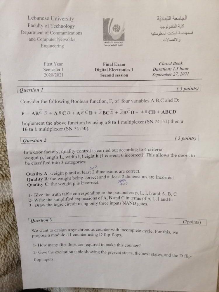 Solved Lebanese University Faculty of Technology Department | Chegg.com