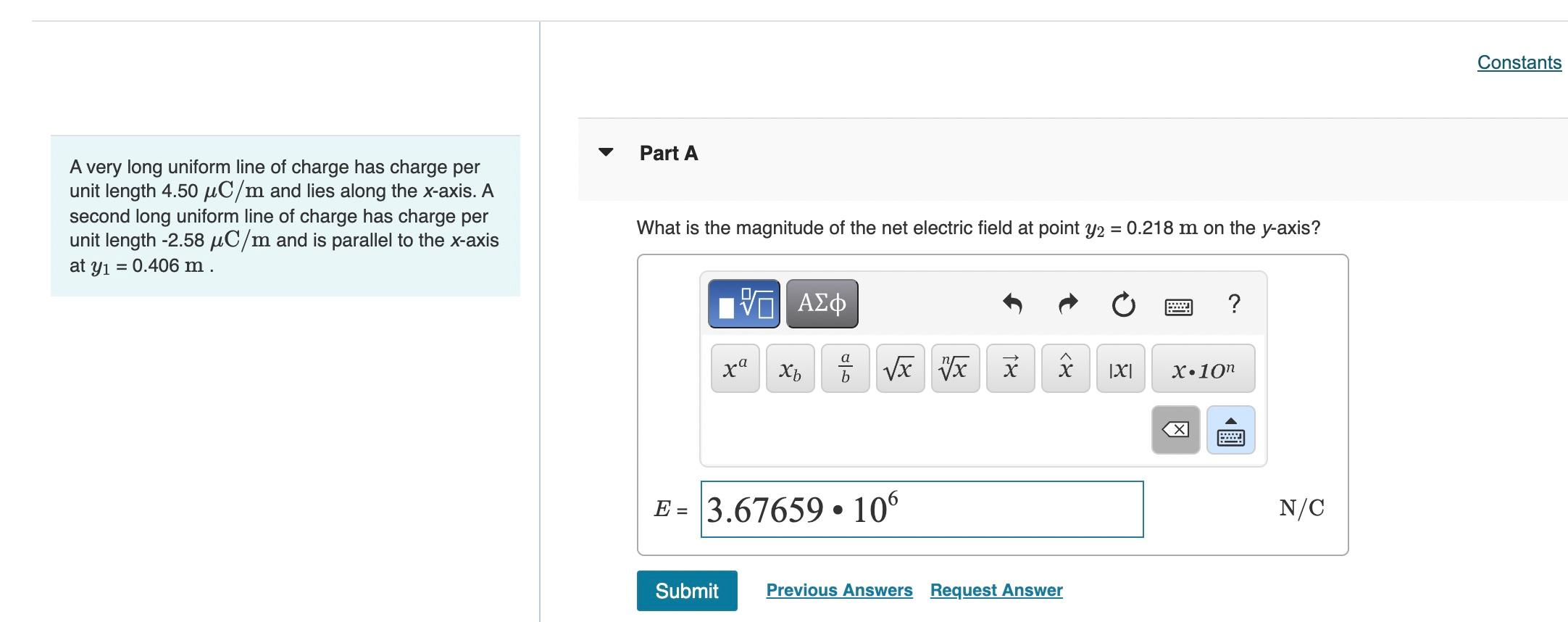 Solved Constants Part A A very long uniform line of charge | Chegg.com