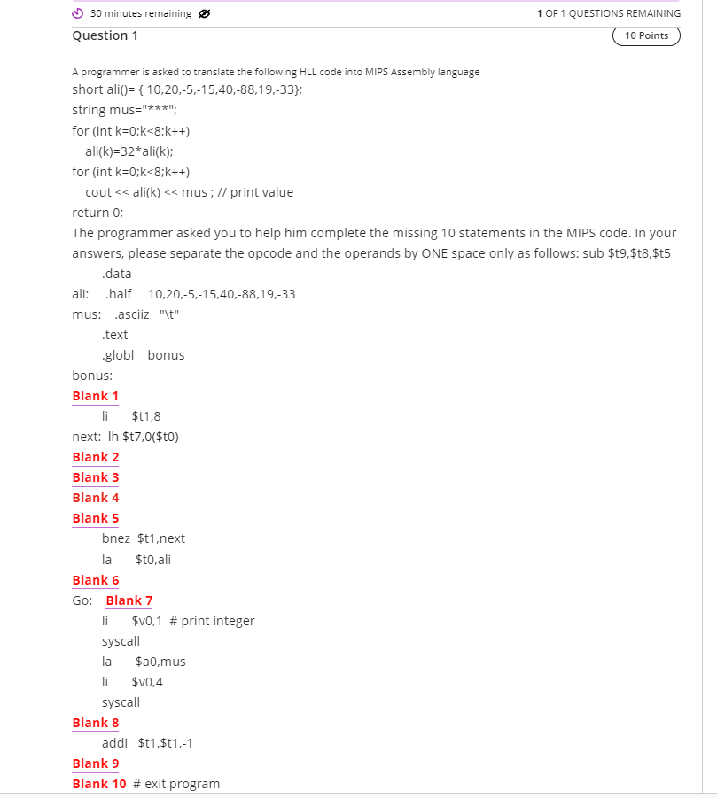 Solved 30 minutes remaining 1 OF 1 QUESTIONS REMAINING 10 | Chegg.com