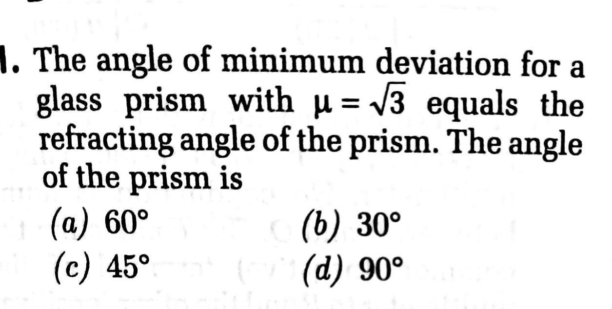 Solved 1. The angle of minimum deviation for a glass prism | Chegg.com
