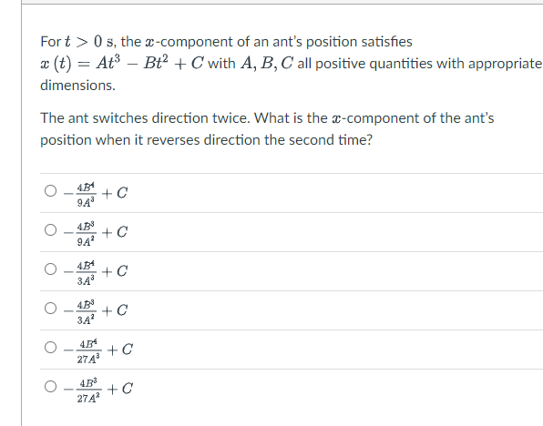 Solved For t>0s, ﻿the x-component of an ﻿ant's position | Chegg.com