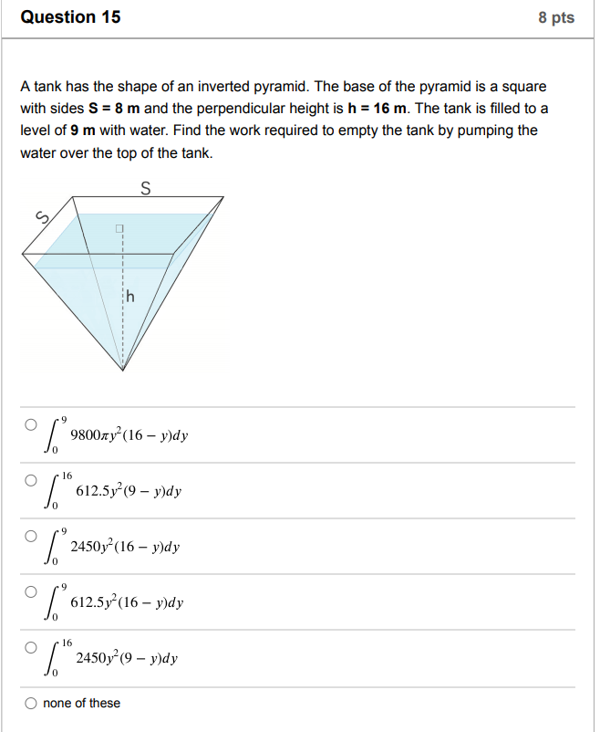 Solved Question 15 8 pts A tank has the shape of an inverted | Chegg.com