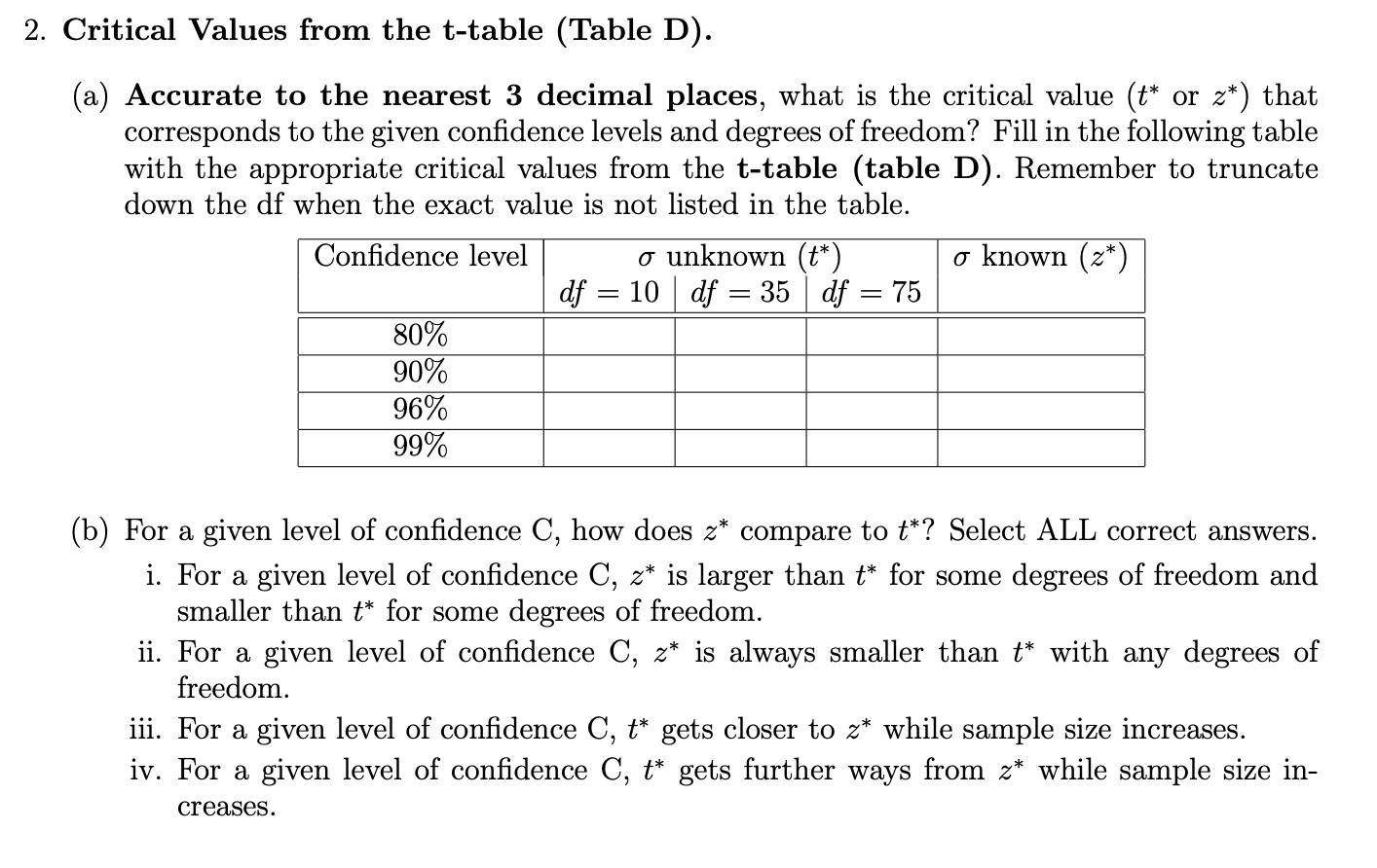 Solved 2. Critical Values from the t-table (Table D). (a) | Chegg.com