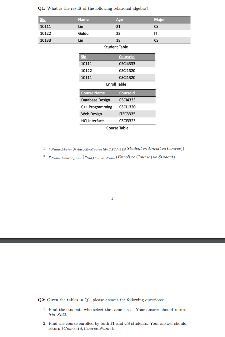 Solved Q1: What is the result of the following relational | Chegg.com
