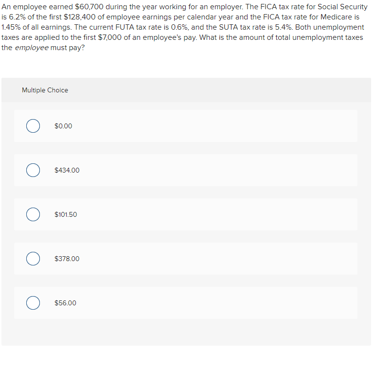 Solved An employee earned $60,700 during the year working | Chegg.com
