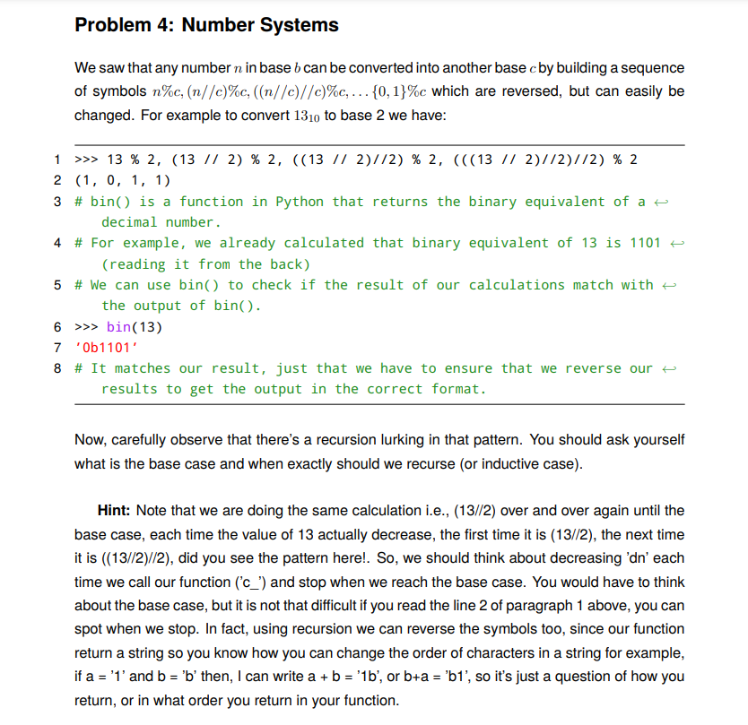 Solved Problem 4: Number Systems We saw that any number n in | Chegg.com