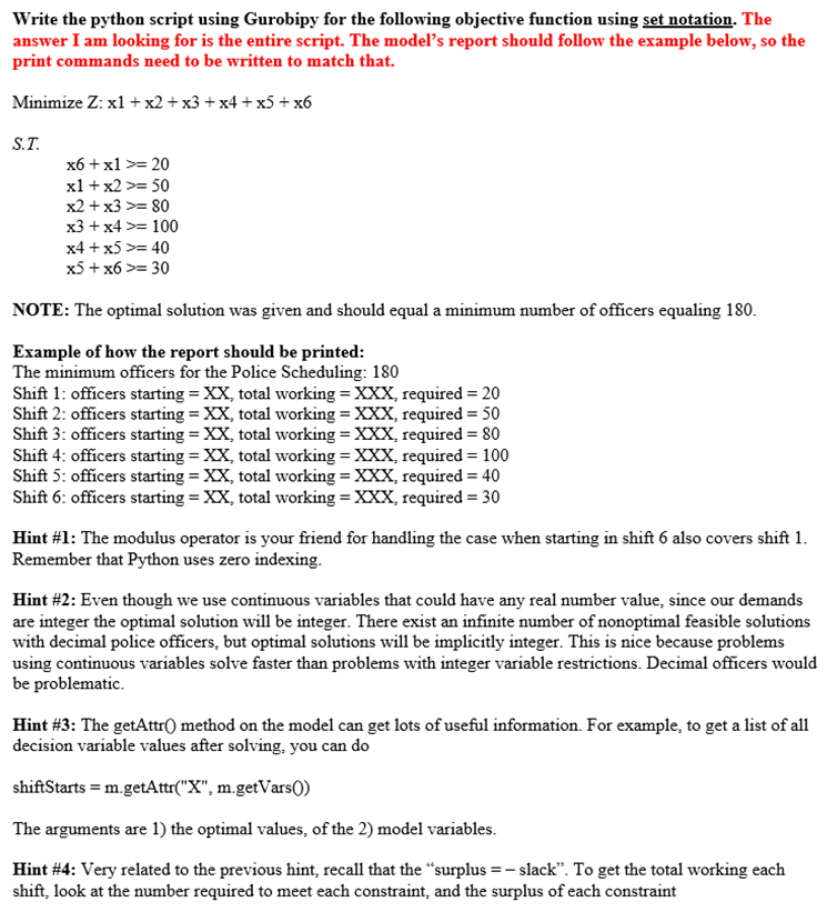 Write the python script using Gurobipy for the | Chegg.com