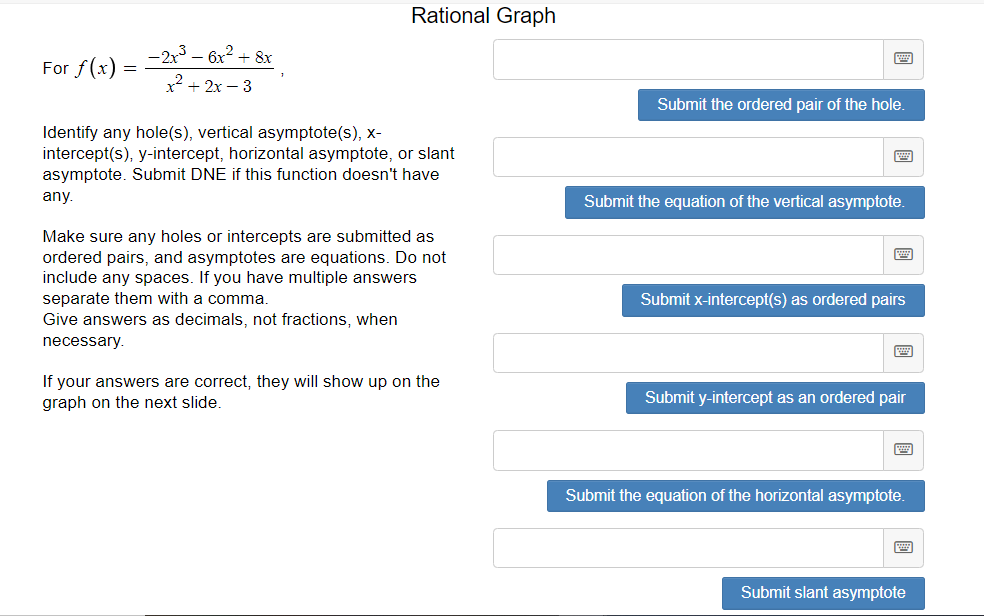 Solved Rational Graph For f(x)=x2+2x−3−2x3−6x2+8x Identify | Chegg.com