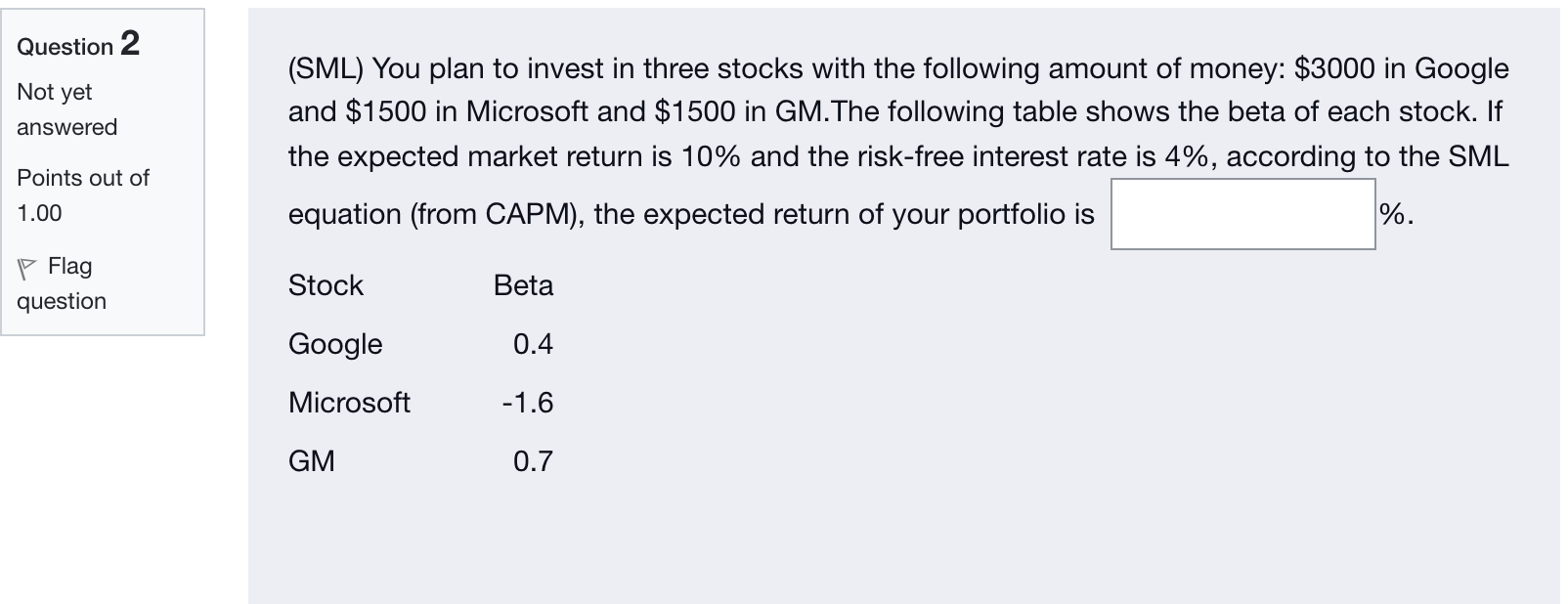 Solved Question 2 Not yet answered (SML) You plan to invest | Chegg.com
