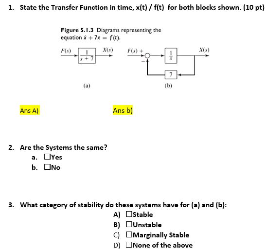 Solved 1. State the Transfer Function in time, x(t) / f(t) | Chegg.com