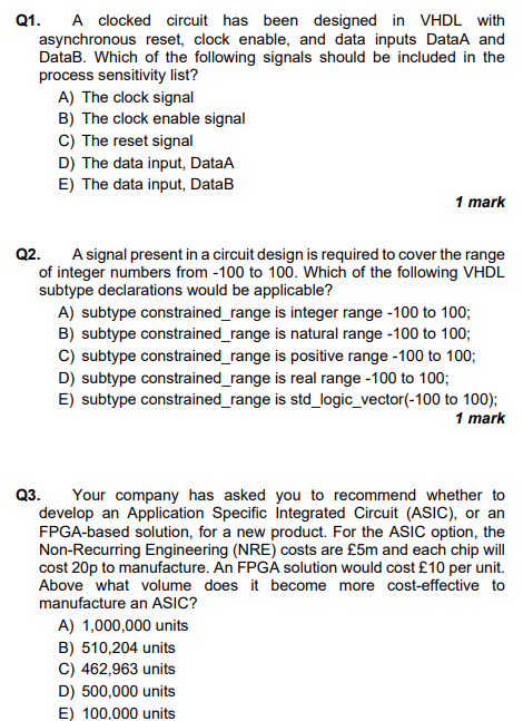 Solved Q1. A clocked circuit has been designed in VHDL with | Chegg.com