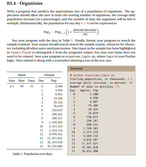 03.4 - Organisms Write a program that predicts the | Chegg.com