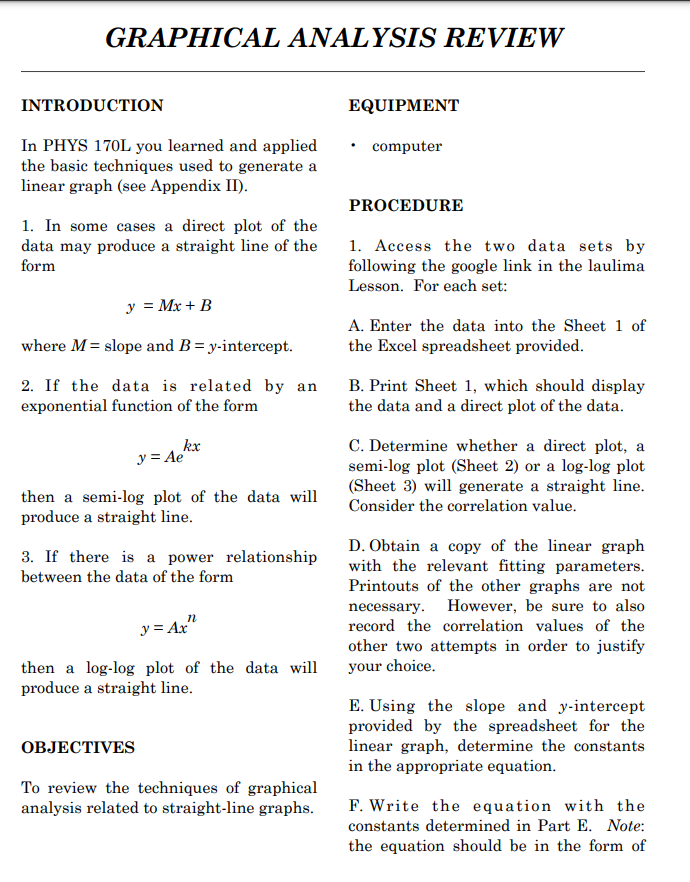 Solved GRAPHICAL ANALYSIS REVIEW EQUIPMENT INTRODUCTION In | Chegg.com