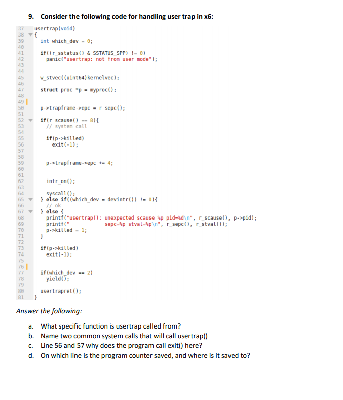 Solved 9. Consider the following code for handling user trap | Chegg.com