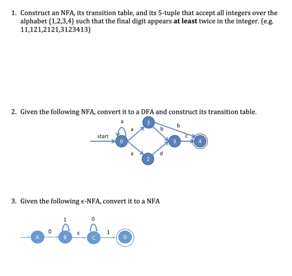 Solved 1. Construct an NFA, its transition table, and its | Chegg.com