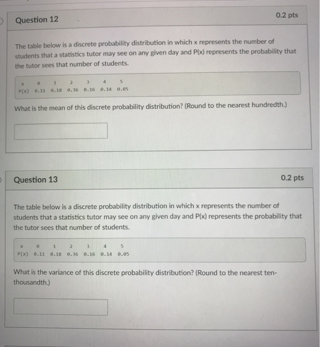 Solved 0.2 pts Question 12 The table below is a discrete | Chegg.com