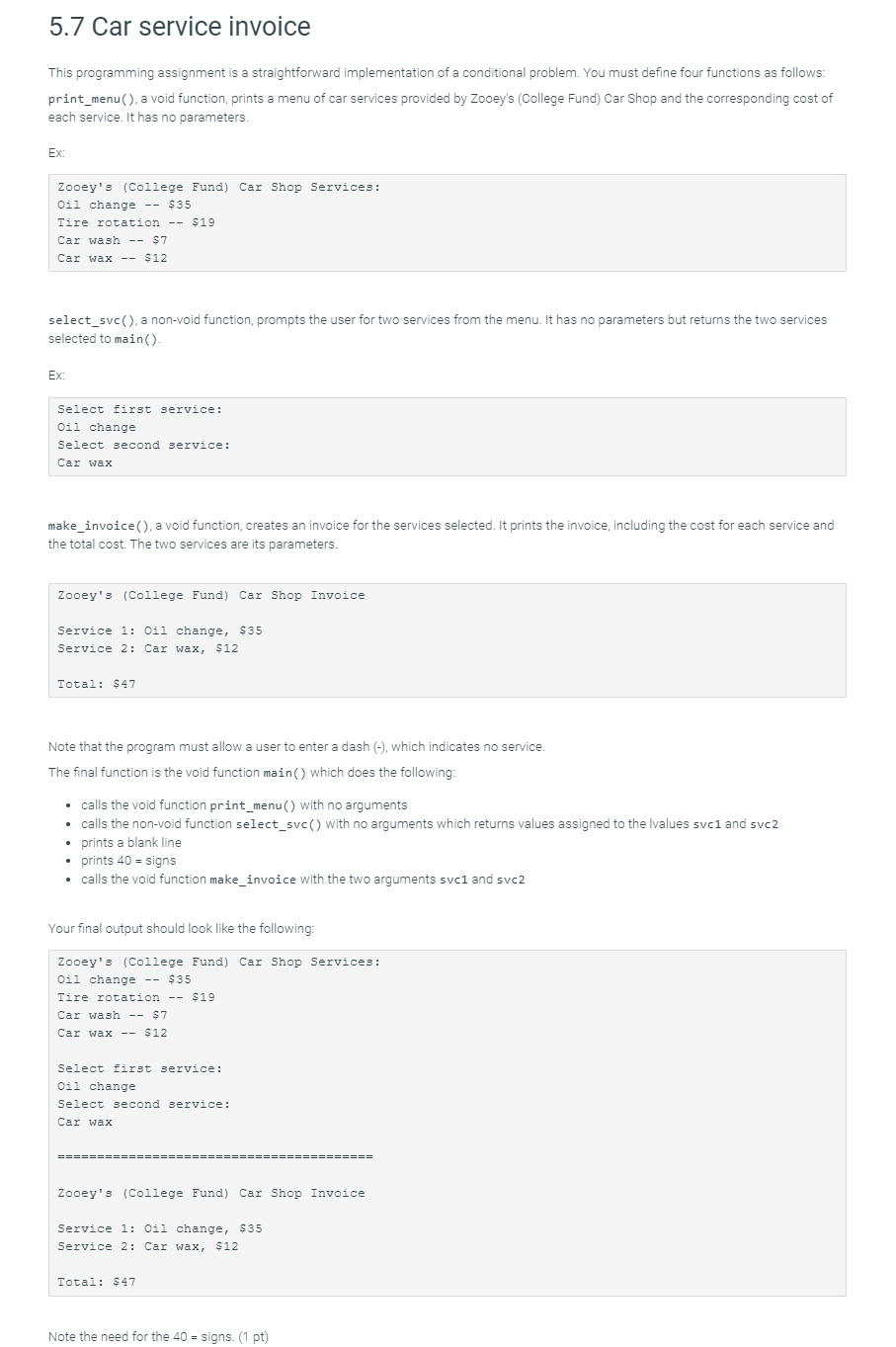 Solved 5.7 Car service invoice This programming assignment | Chegg.com