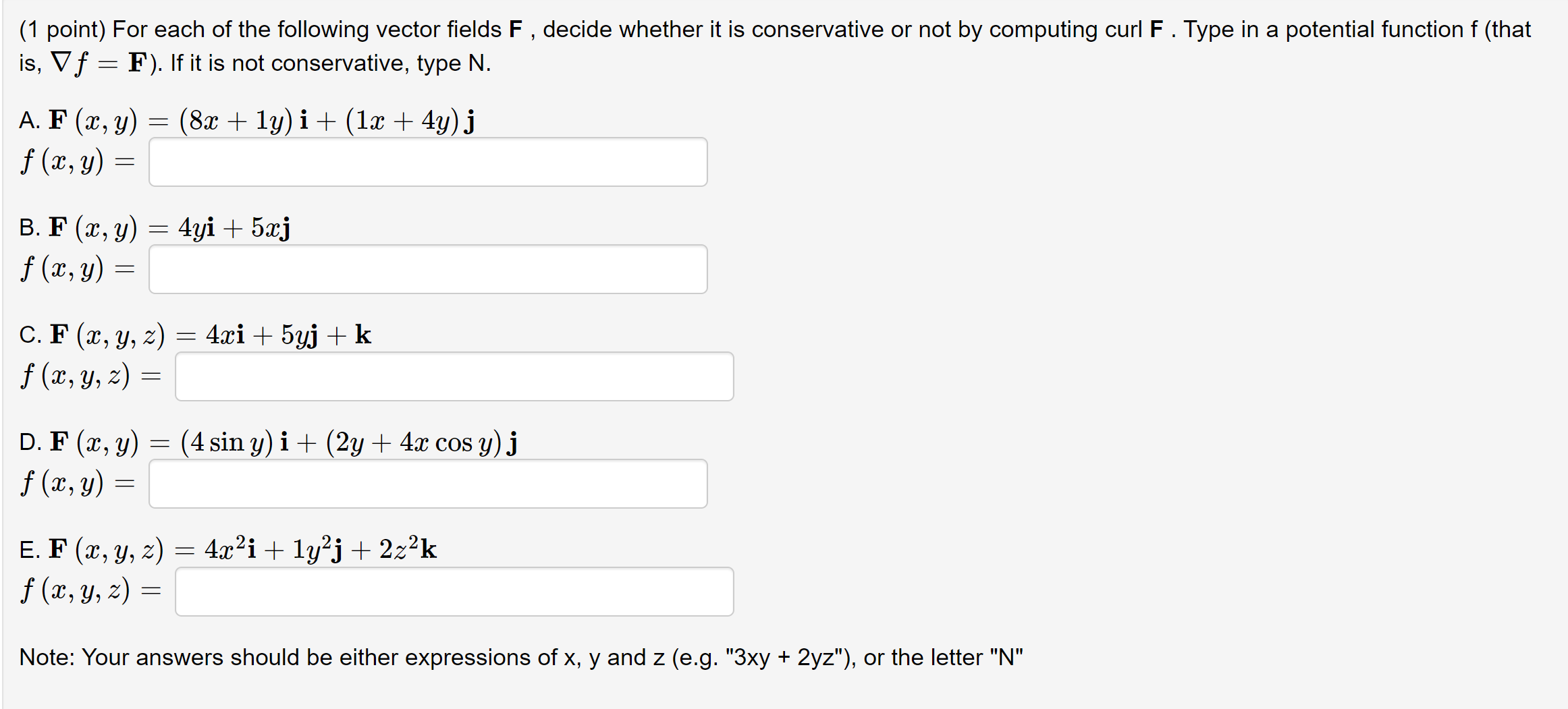 Solved (1 ﻿point) ﻿For each of the following vector fields | Chegg.com