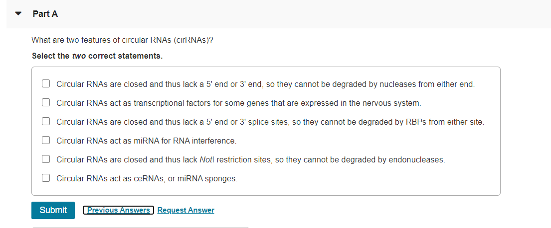 Solved Part A What are two features of circular RNAs | Chegg.com