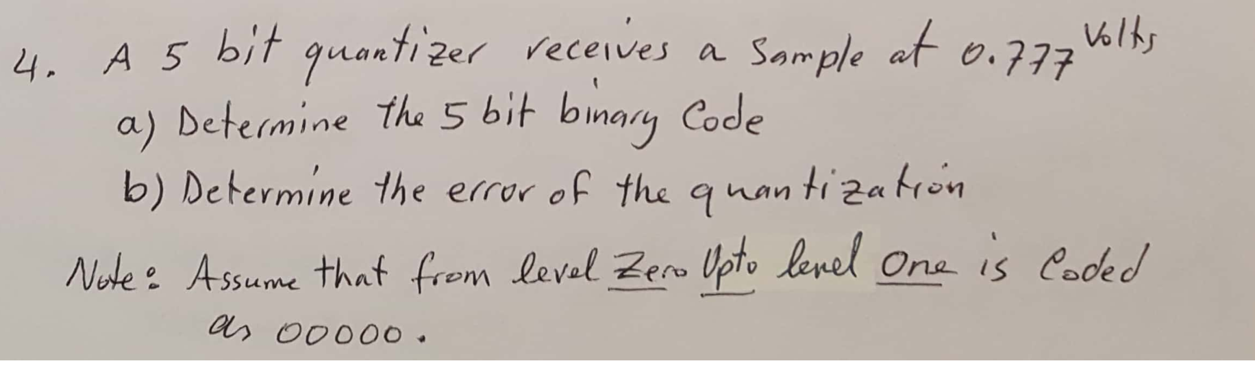 Solved Volts 4. A 5 bit quantizer receives a sample at 0.777 | Chegg.com