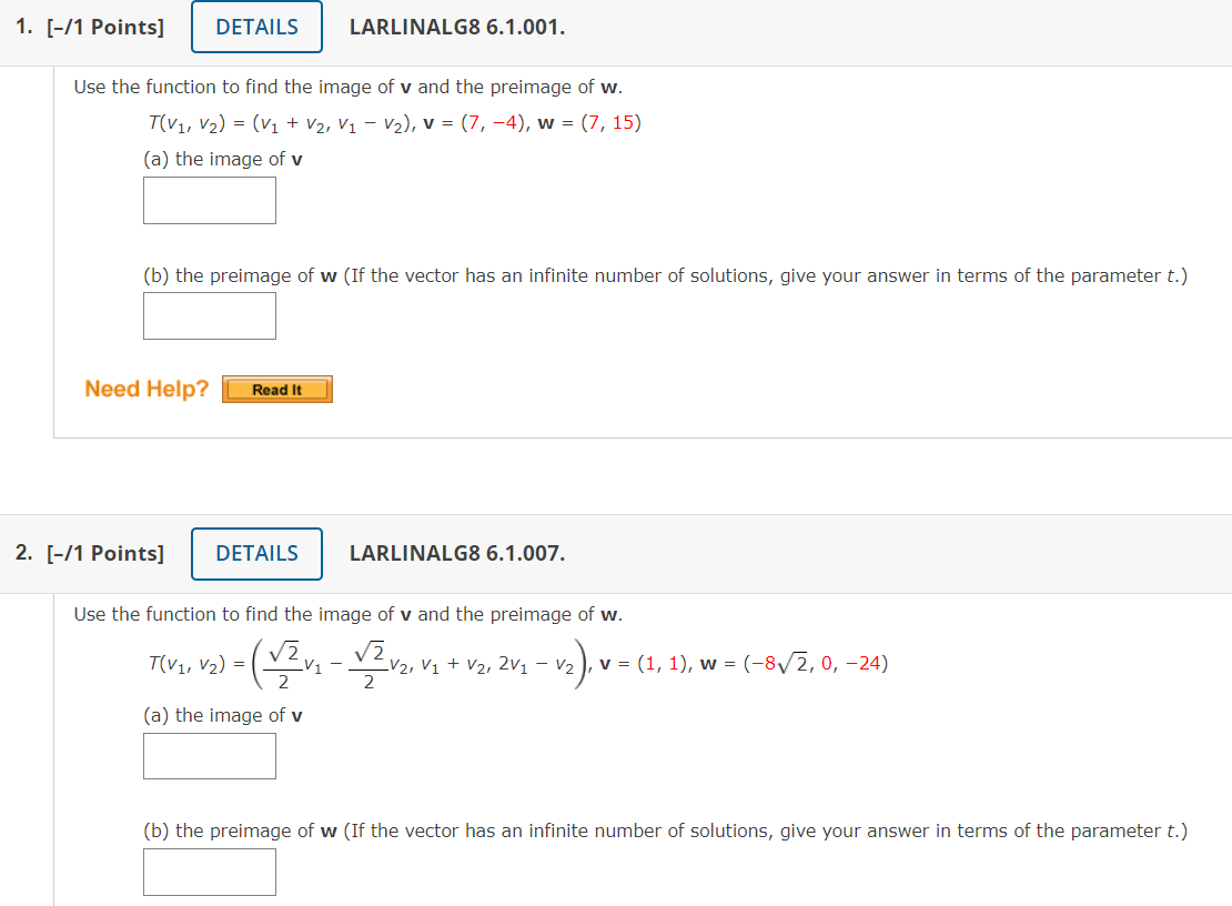 Solved 1. [-/1 Points] DETAILS LARLINALG8 6.1.001. Use the | Chegg.com