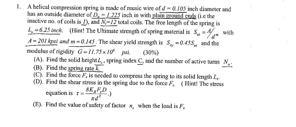 Solved 1 A helical compression spring is made of music wire | Chegg.com